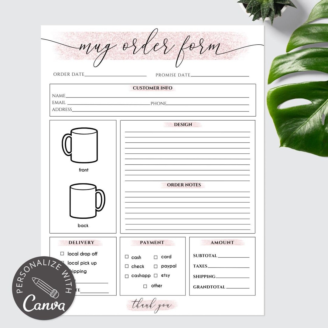 Editable Mug Order Form Template | Customize Cup Order | Small Business ...