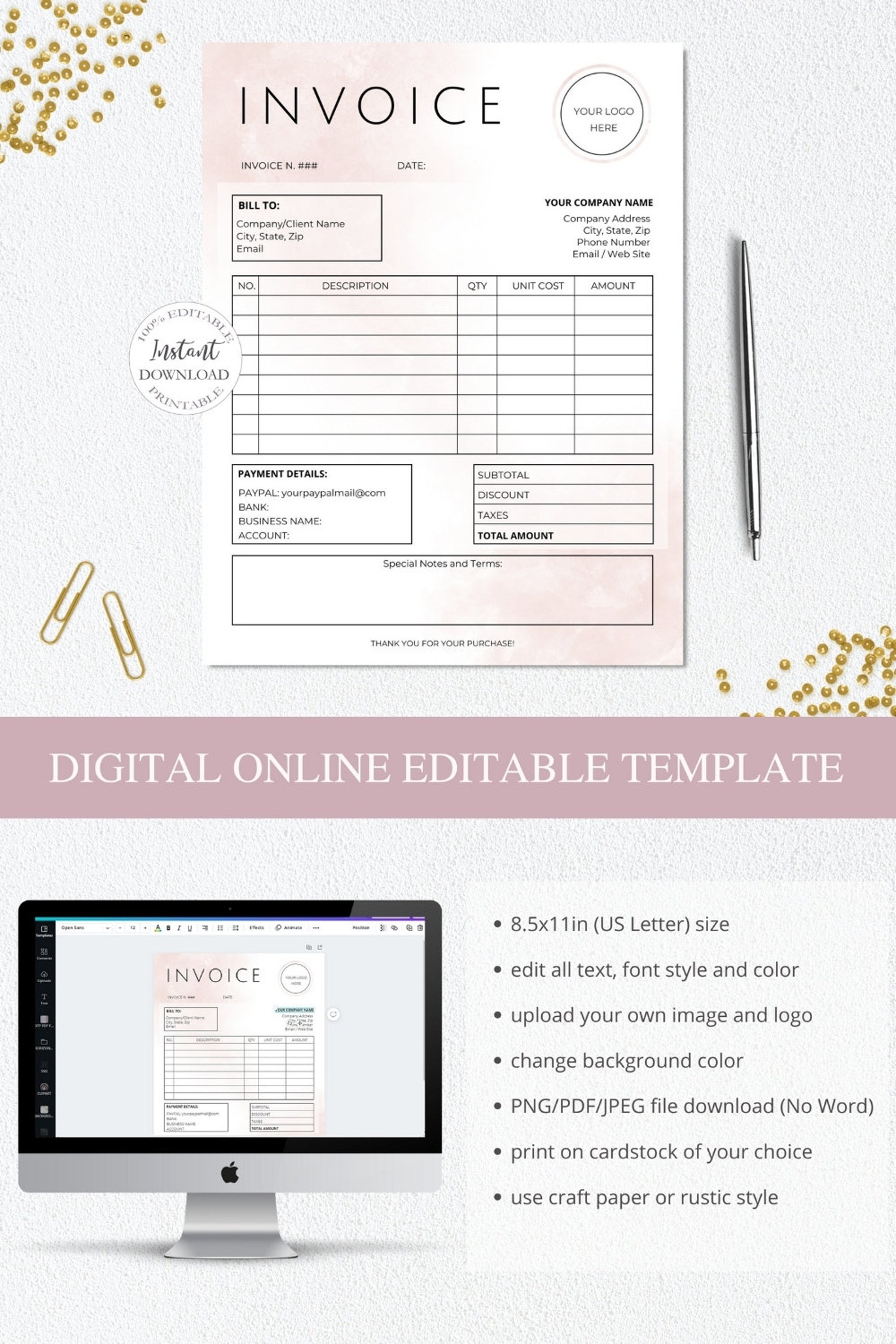 Invoice Template, Printable Order Form Invoice, Editable Invoice Form ...