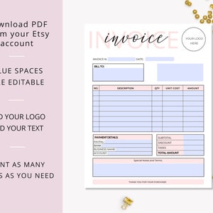 Pink Fillable Invoice Form, Small Business Invoice PDF, Billing Receipt ...