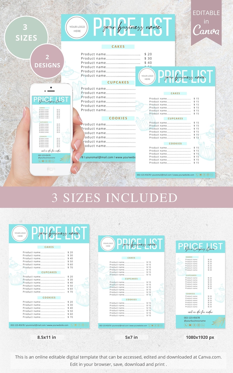 Cake Price List Template, Canva Editable Cupcakes Price List, Cookies ...