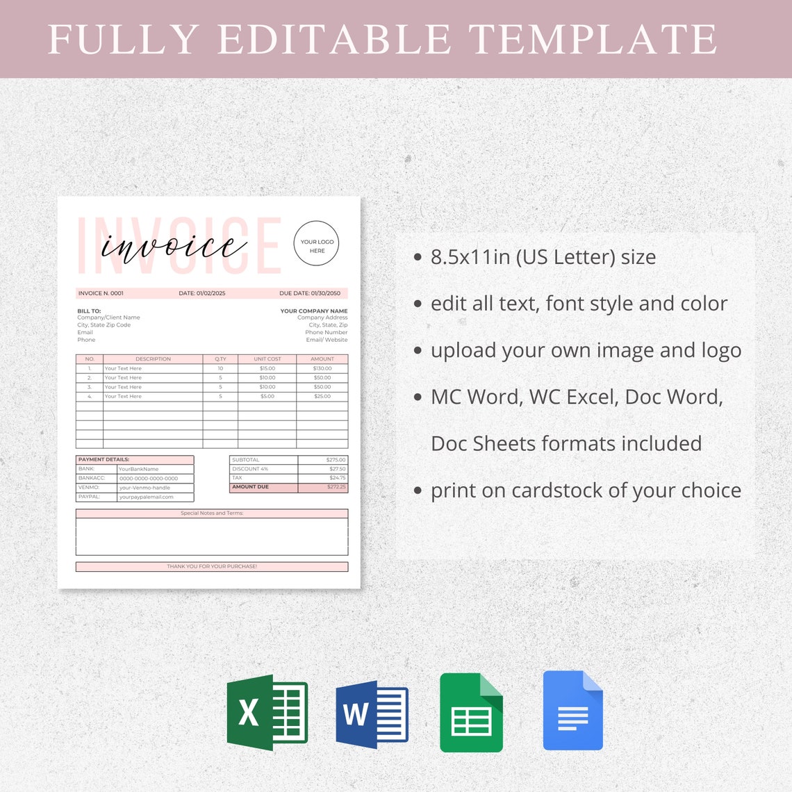 Editable Invoice Template for Google Docs, MC Word Invoice Template for ...