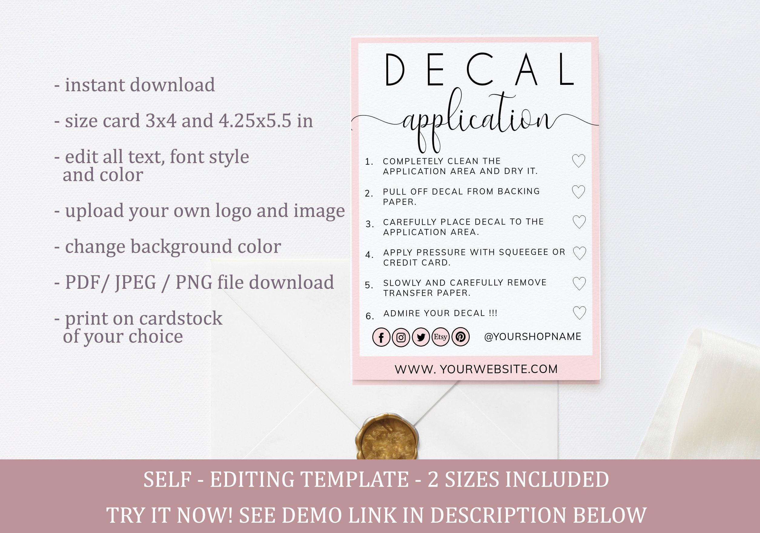 Decal Instructions Printable Editable Care Cards Template - Etsy