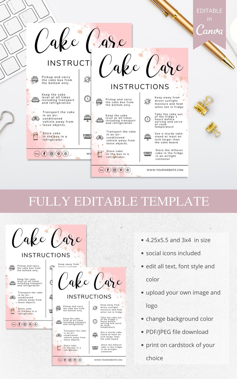 Cake Care Card Template I Editable Canva Template I Wedding - Etsy