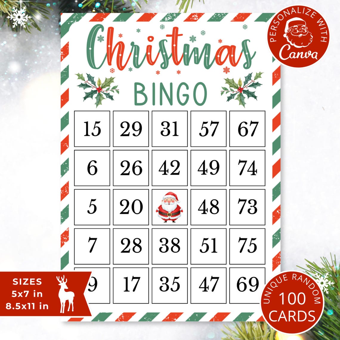100 Christmas Bingo Cards With Numbers | Editable Canva Party Games ...