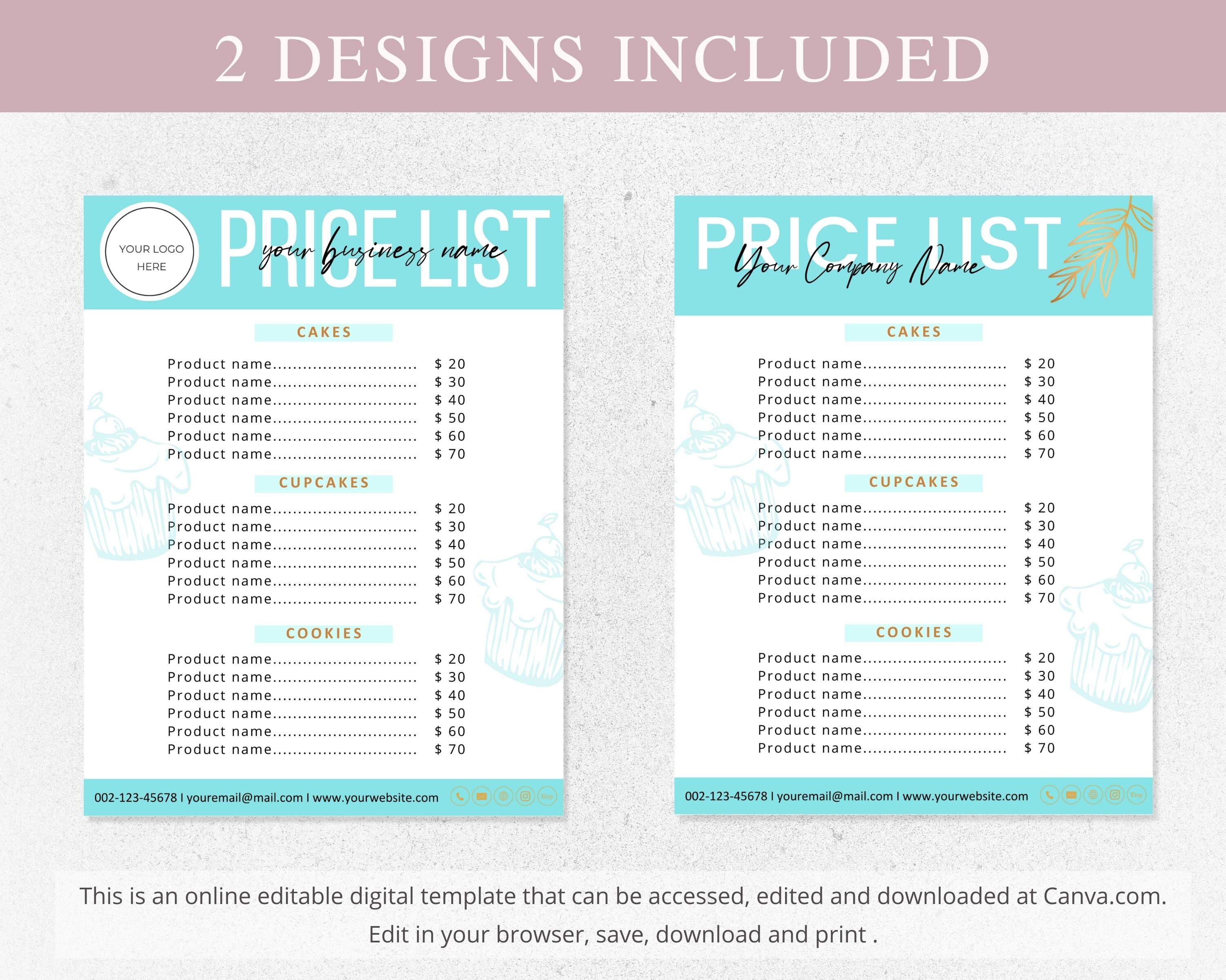 Cake Price List Template, Canva Editable Cupcakes Price List, Cookies ...