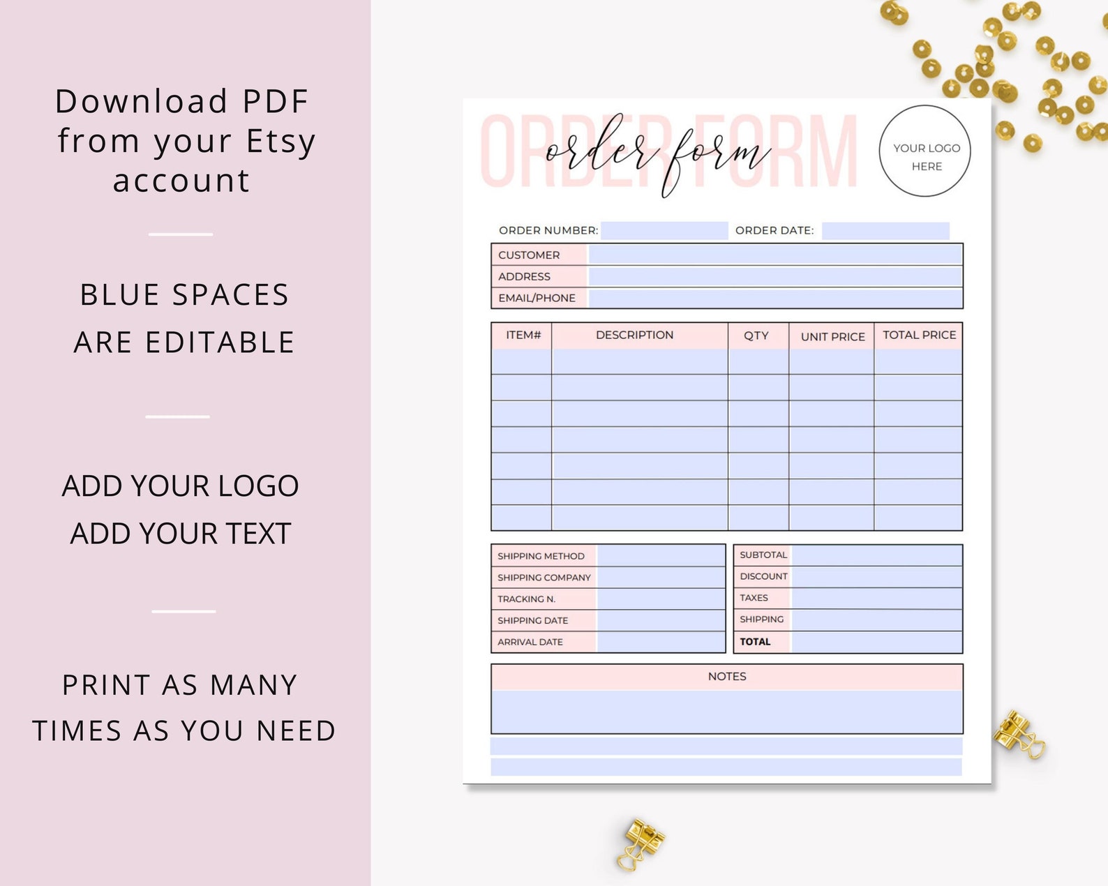 Pink Order Form Fillable Editable Order Forms PDF Order Form - Etsy