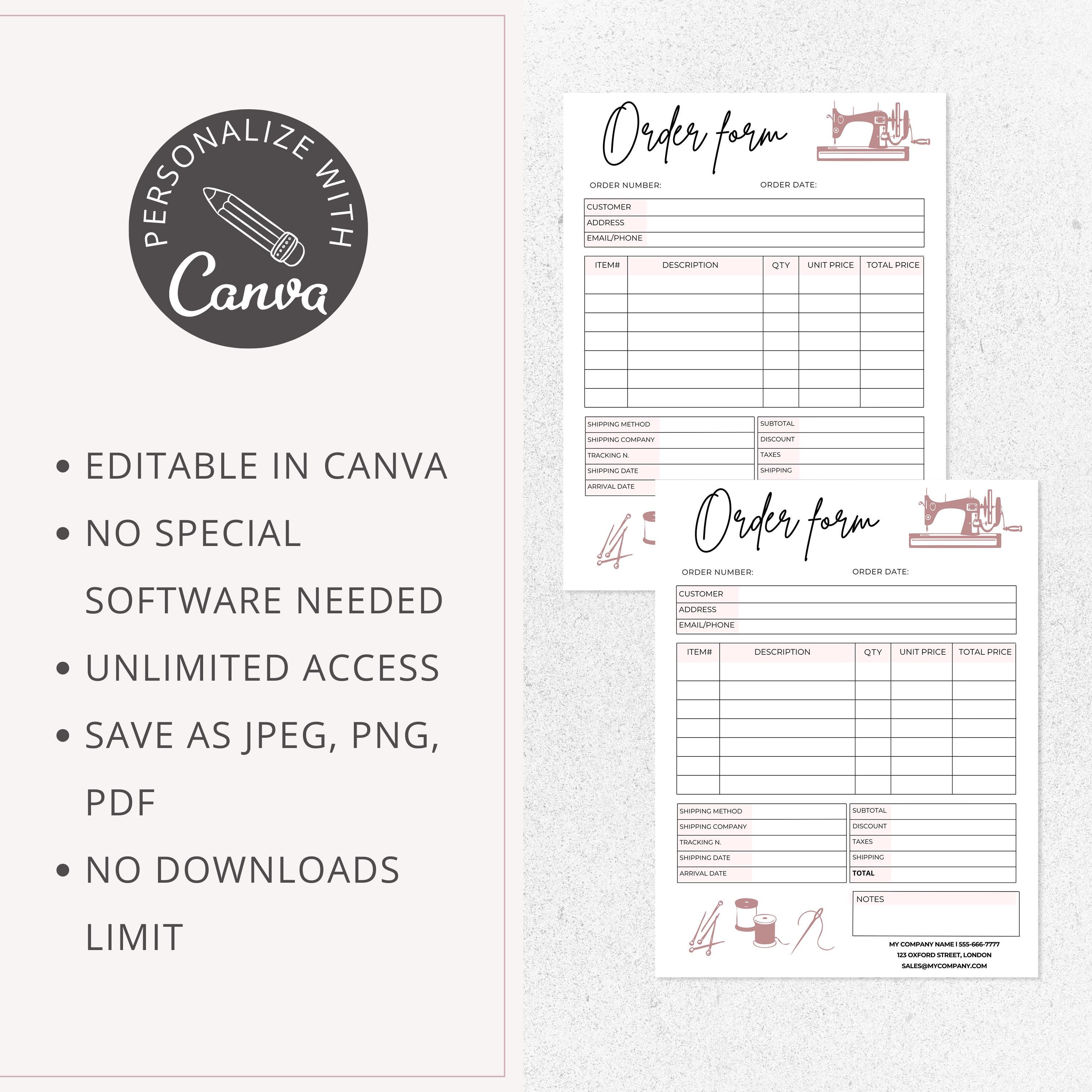 Sewing Order Form I Editable Canva Template, Invoice Template, Order ...