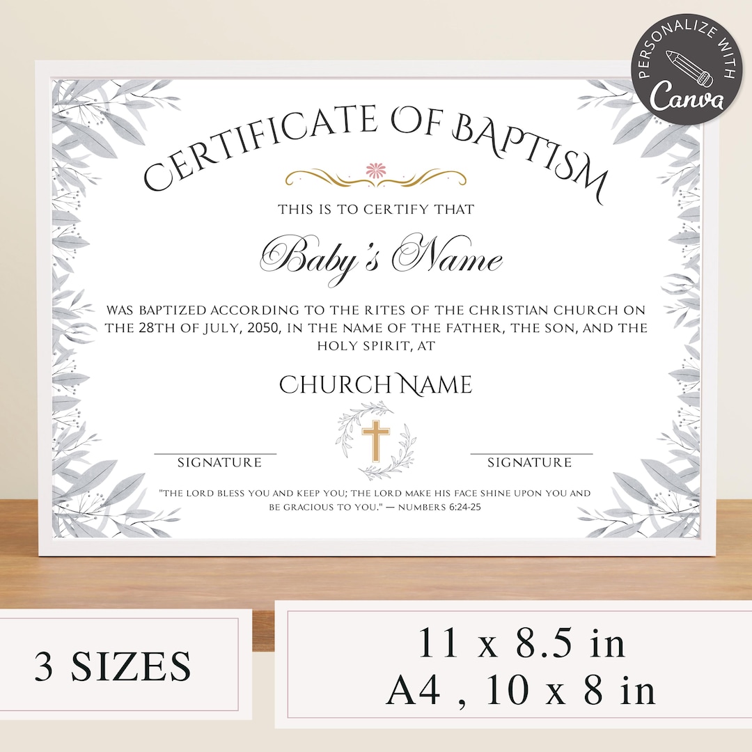Editable Baptism Certificate Canva Template | Customizable Baby Baptism ...