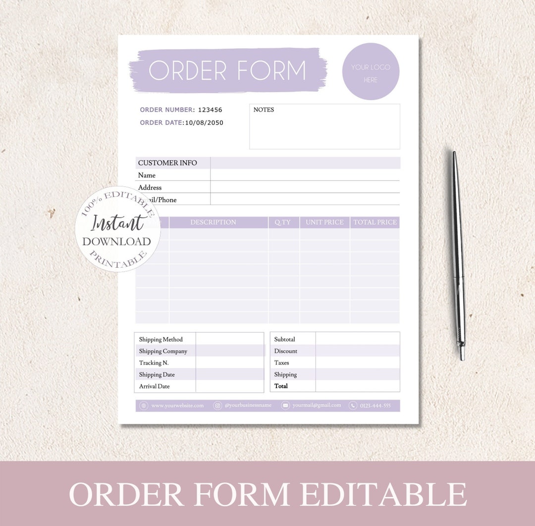 Order Form Editable, Custom Order Form Printable, Work Order Template ...