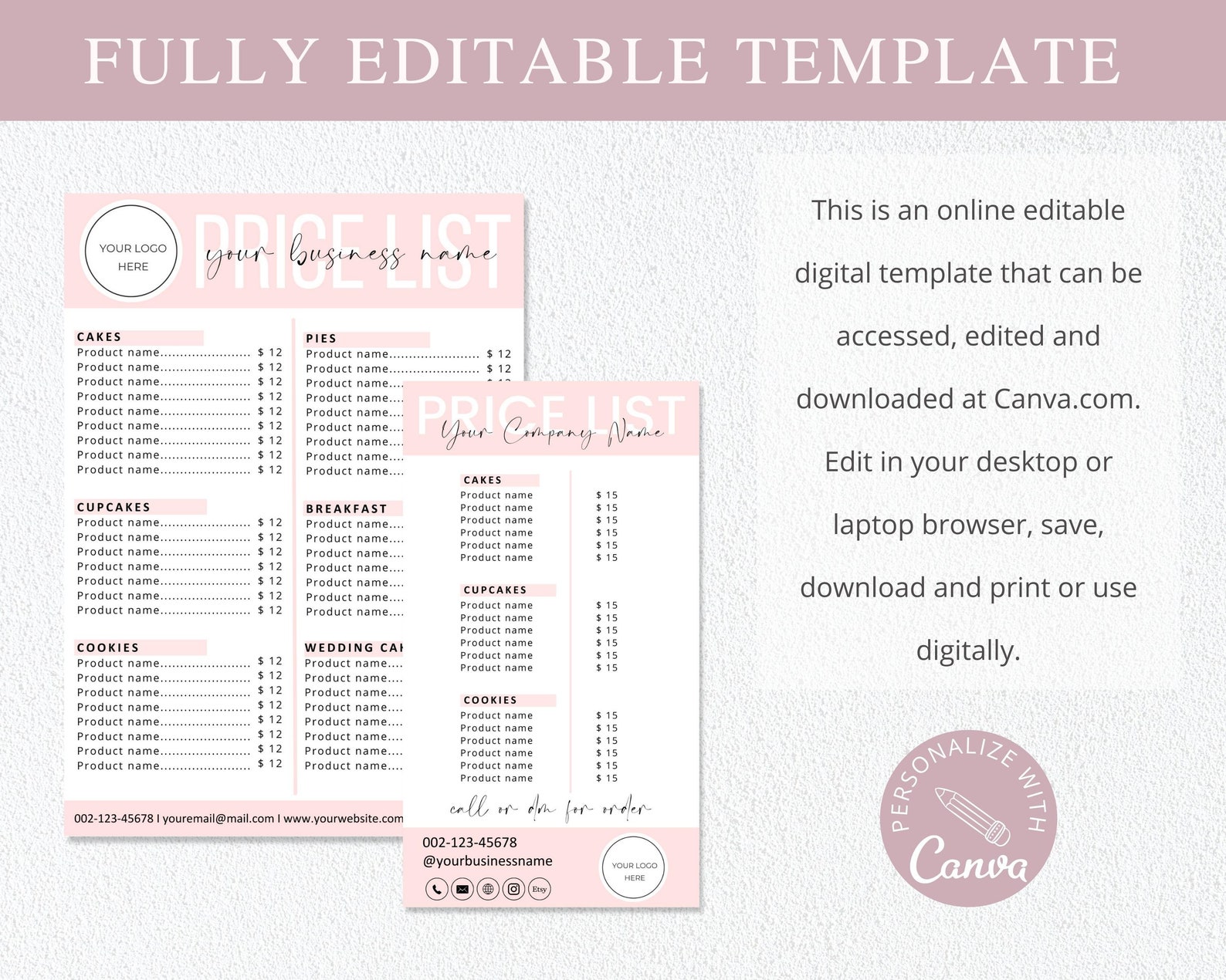 Cake Price List Template, Canva Editable Cupcakes Price List, Cookies ...