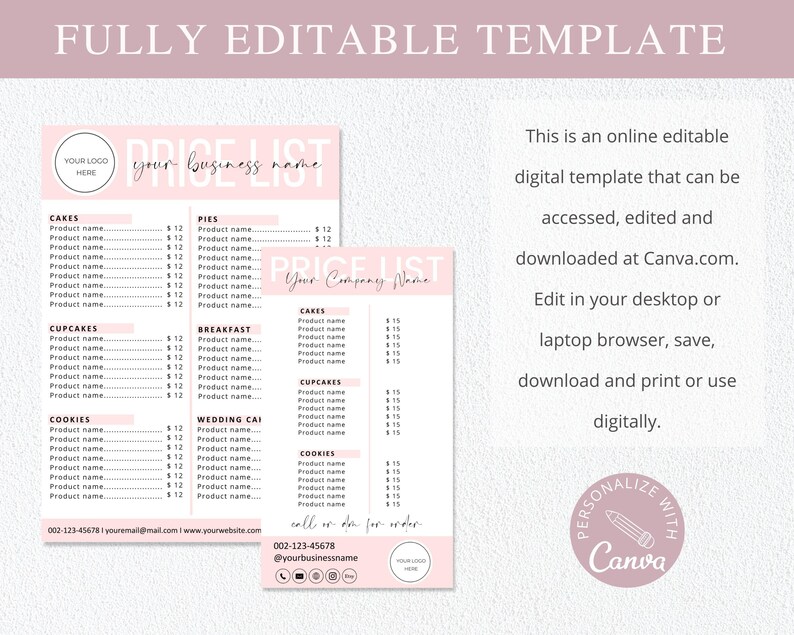 Cake Price List Template Canva Editable Cupcakes Price List - Etsy