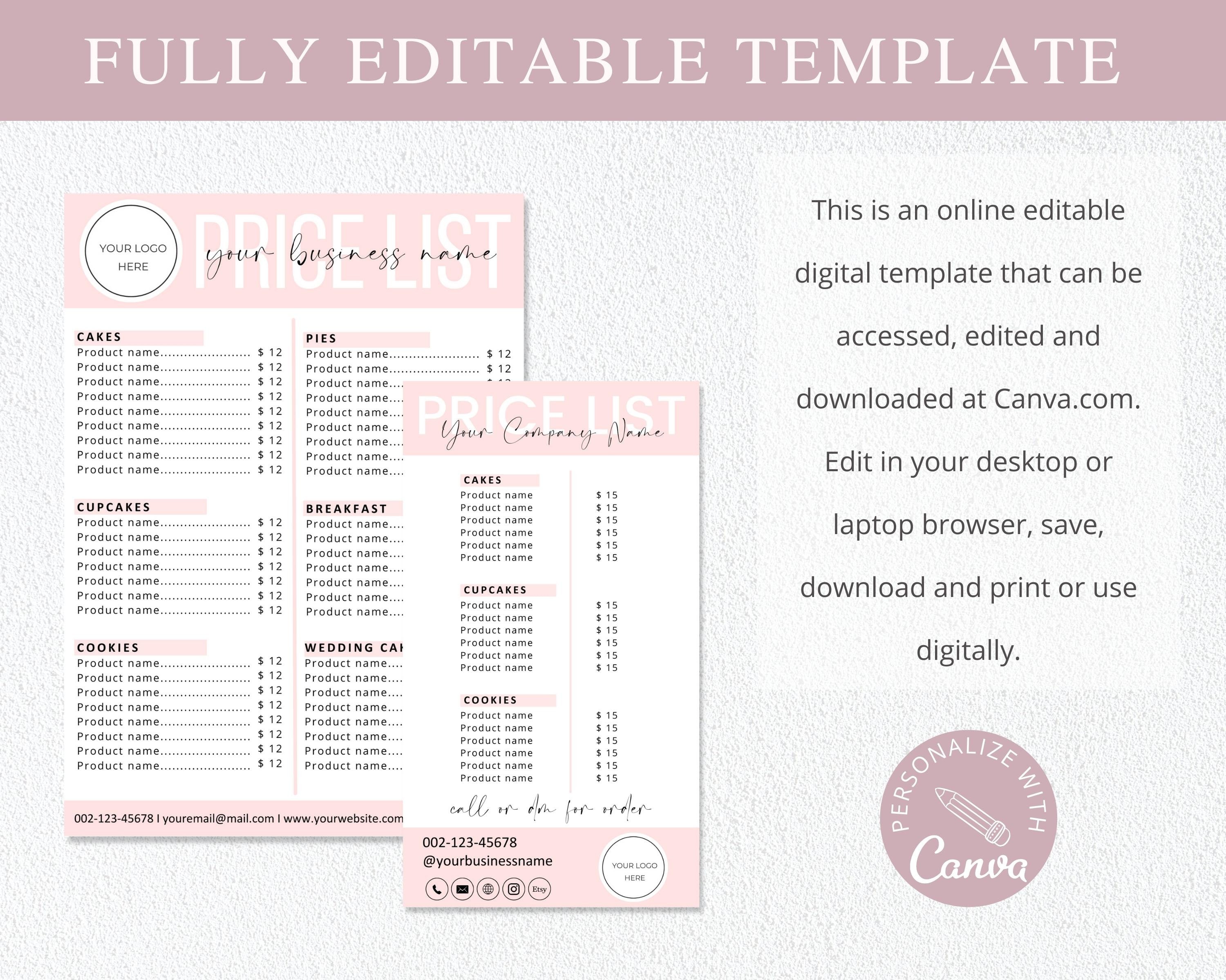 Cake Price List Template Canva Editable Cupcakes Price List - Etsy