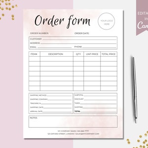 Custom Order Form Template, Small Business Order Form Printable, Sales ...