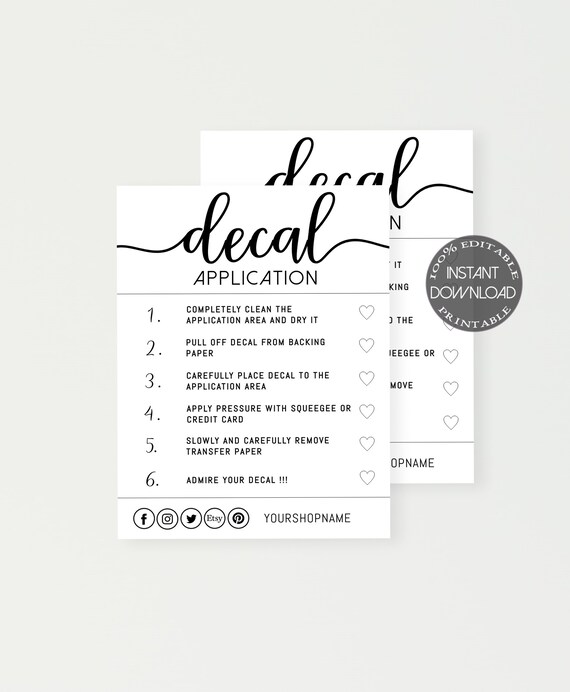 Decal Instructions Template Printable Decal Application Care | Etsy Canada