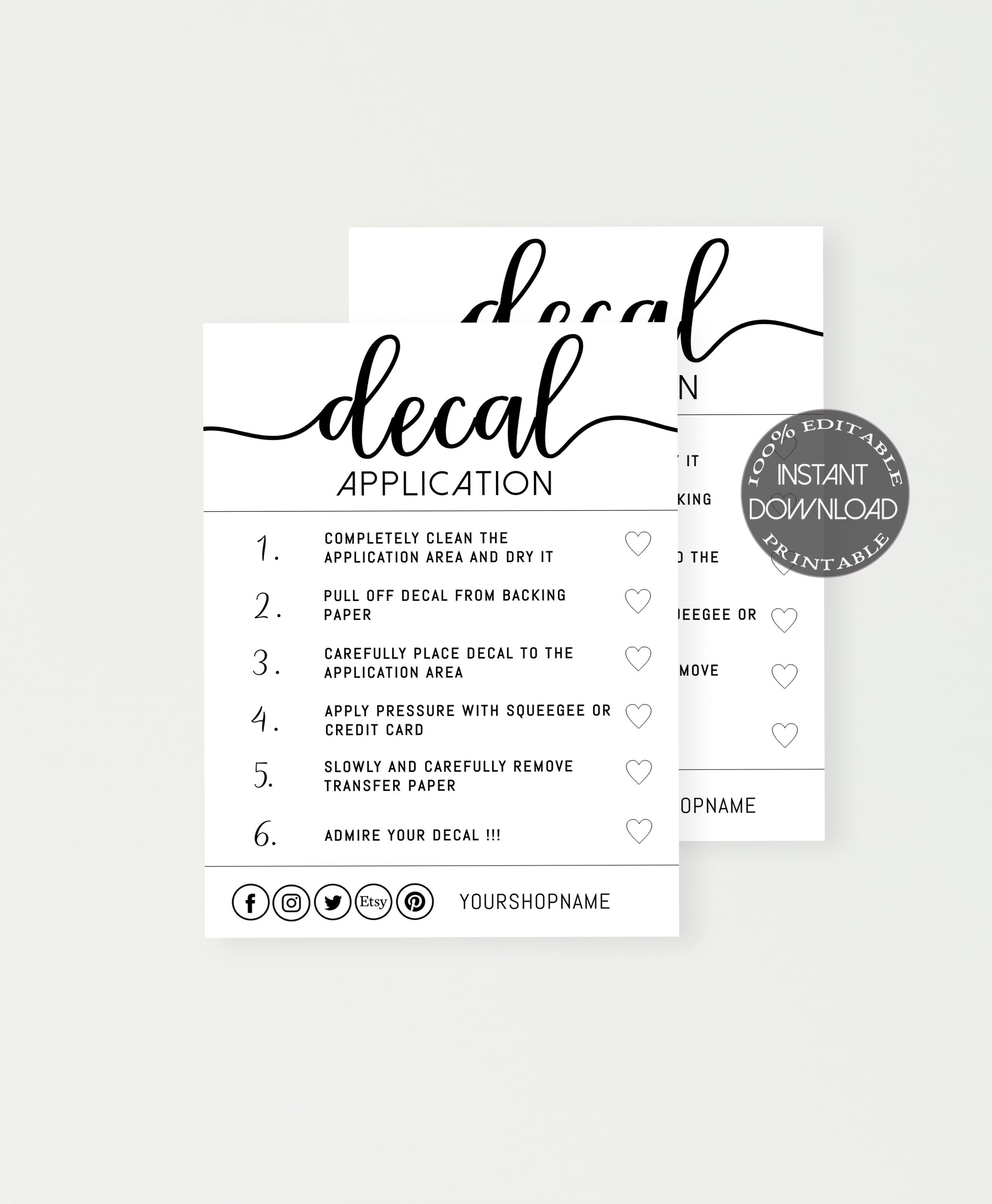 Decal Instructions Template Printable Decal Application Care | Etsy Canada