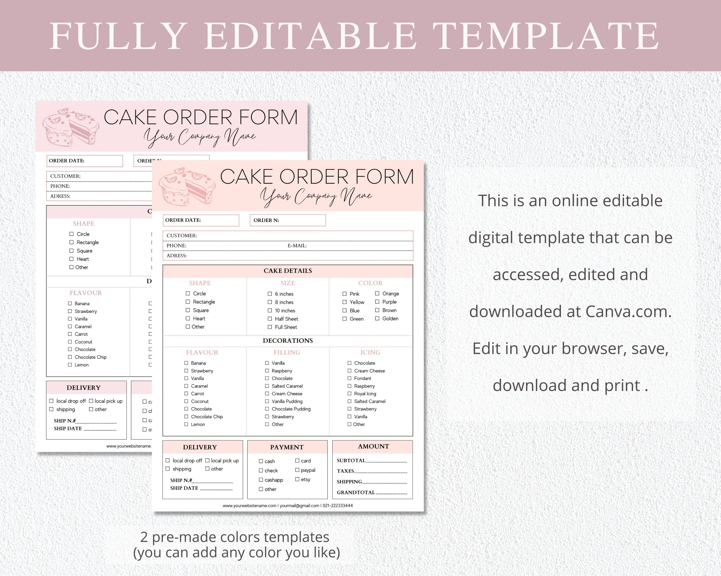 Cake Order Form Template Editable Printable Canva Template - Etsy