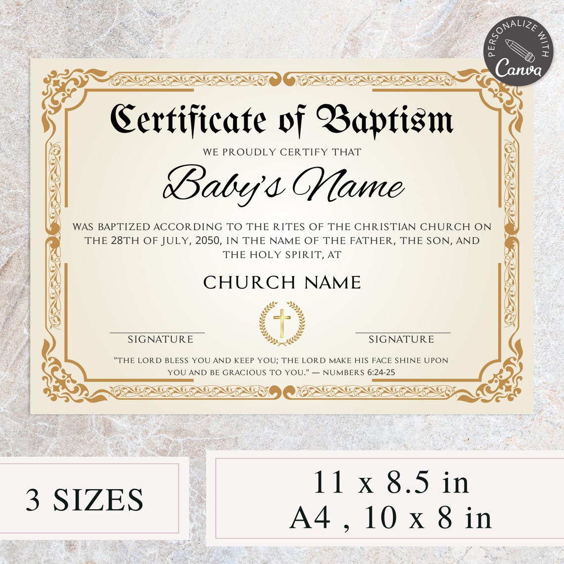 Editable Baptism Certificate Canva Template | Customizable Church ...