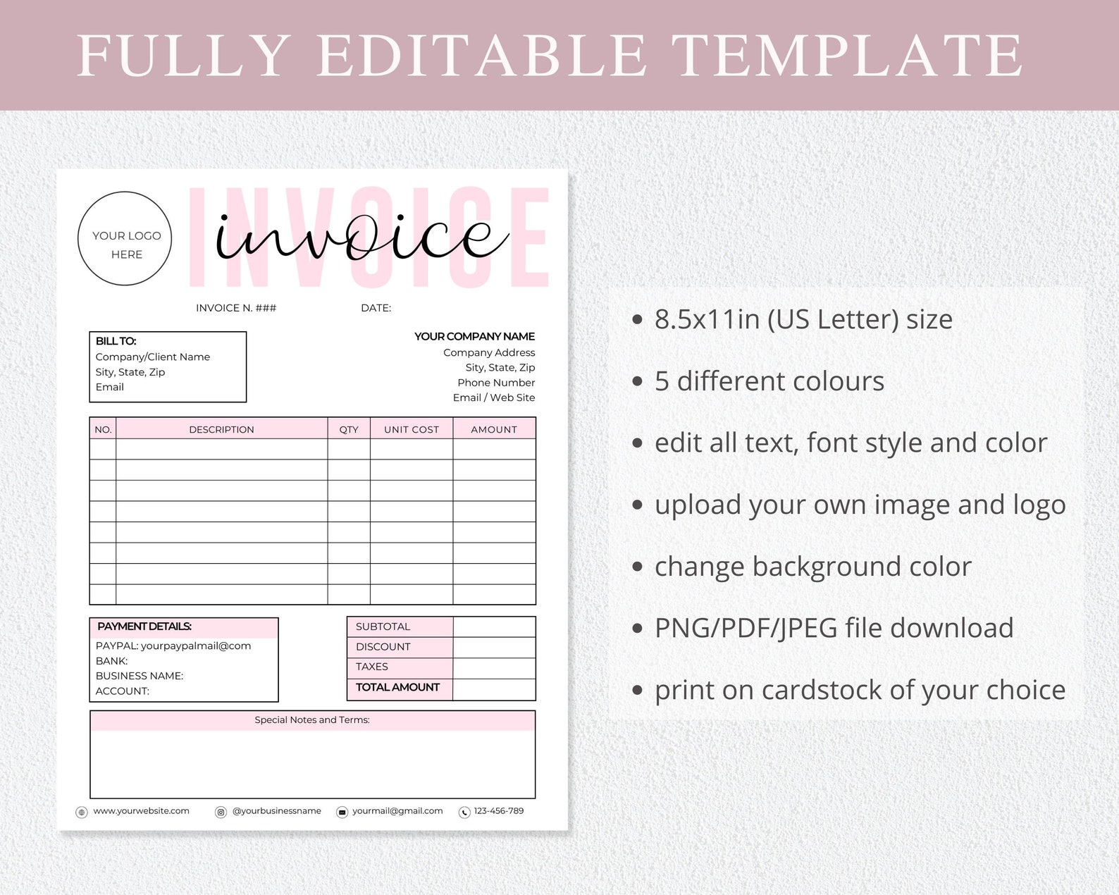 Invoice Editable Template, Printable Order Form Invoice, 5 Premade ...