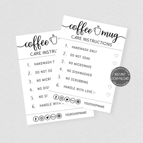 INSTANT DOWNLOAD Printable Mug Care Instructions Card - Etsy