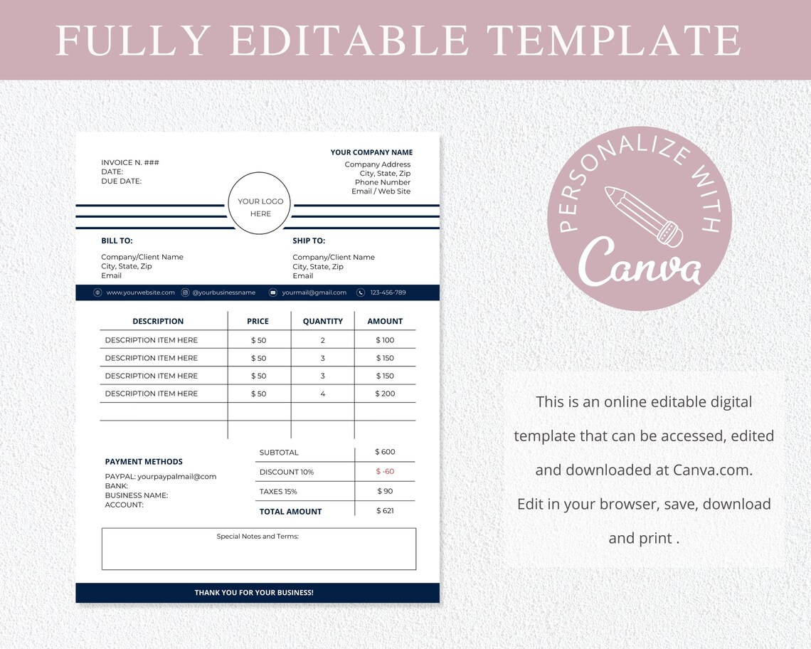 Editable Invoice Template I Canva Template I Printable Order - Etsy