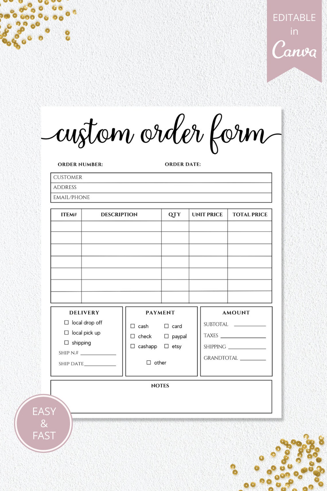4 Order Forms Bundle I Editable Invoice Order Form I Printable - Etsy