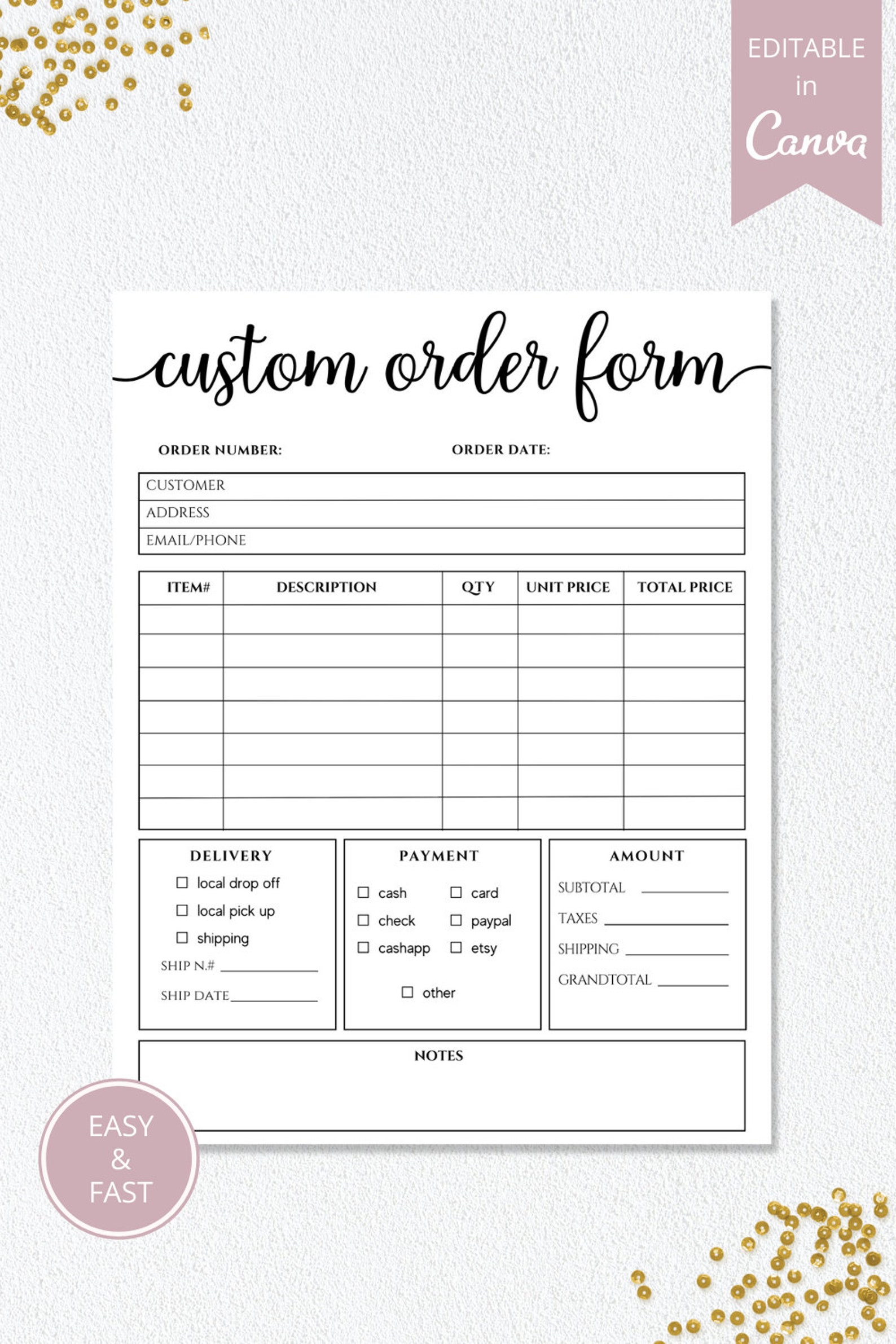 4 Order Forms Bundle I Editable Invoice Order Form I Printable - Etsy