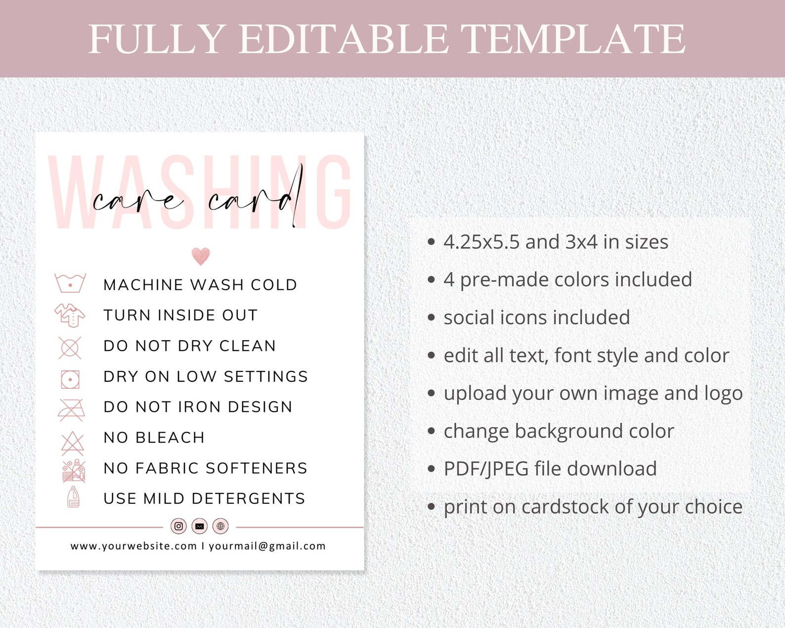 Washing Instructions Care Card I Editable Canva Template I Etsy Shop ...