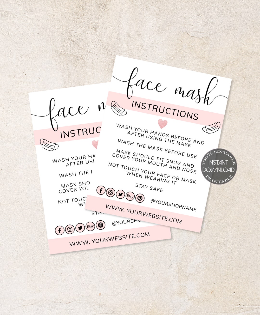 Face Mask Care Cards Printable, Editable Face Mask Instructions, Face ...