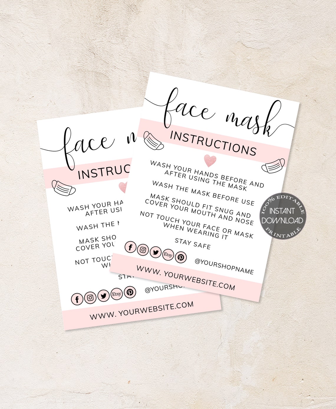 Face Mask Care Cards Printable Editable Face Mask | Etsy