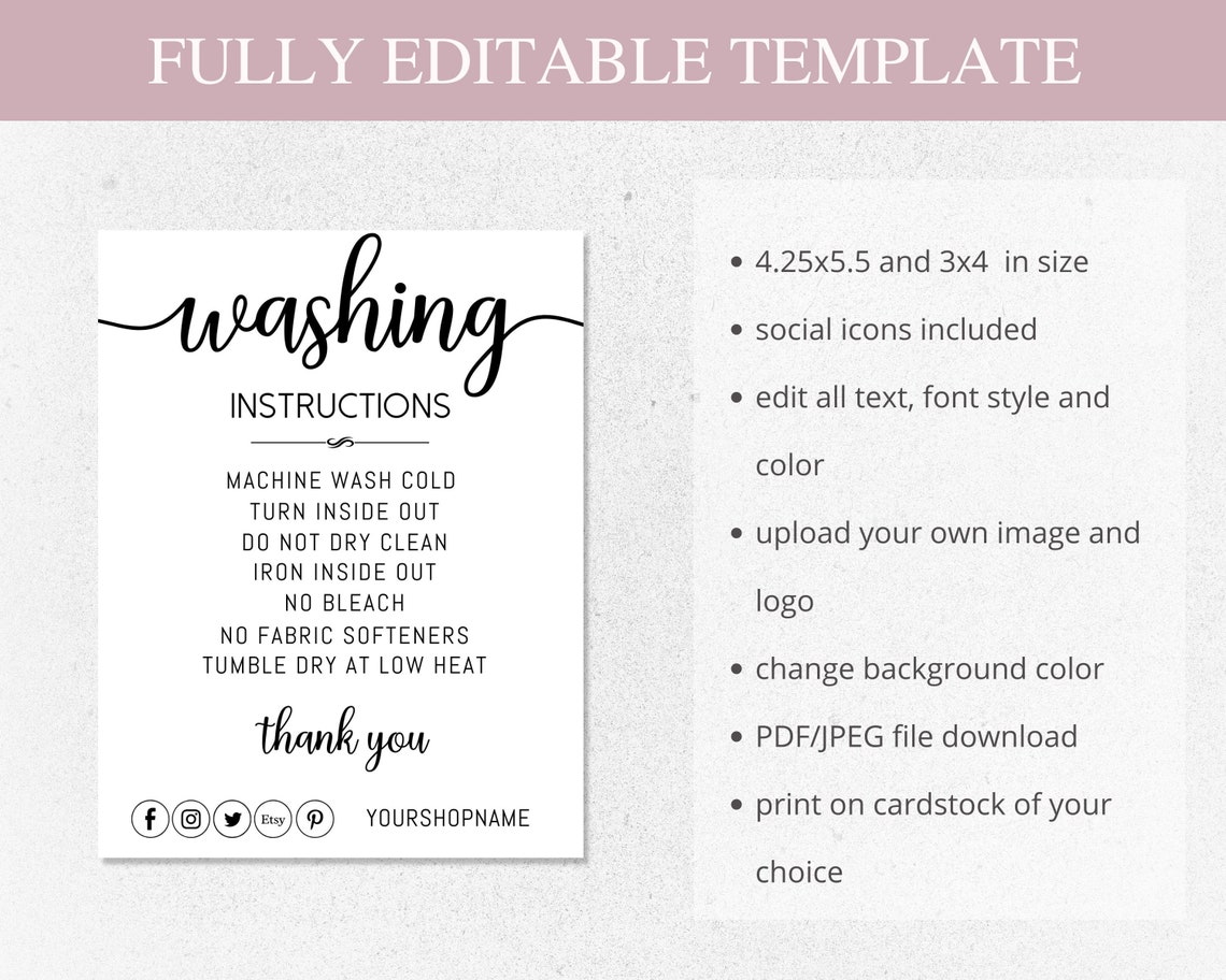 Washing Instructions Care Card I Editable Canva Template I - Etsy