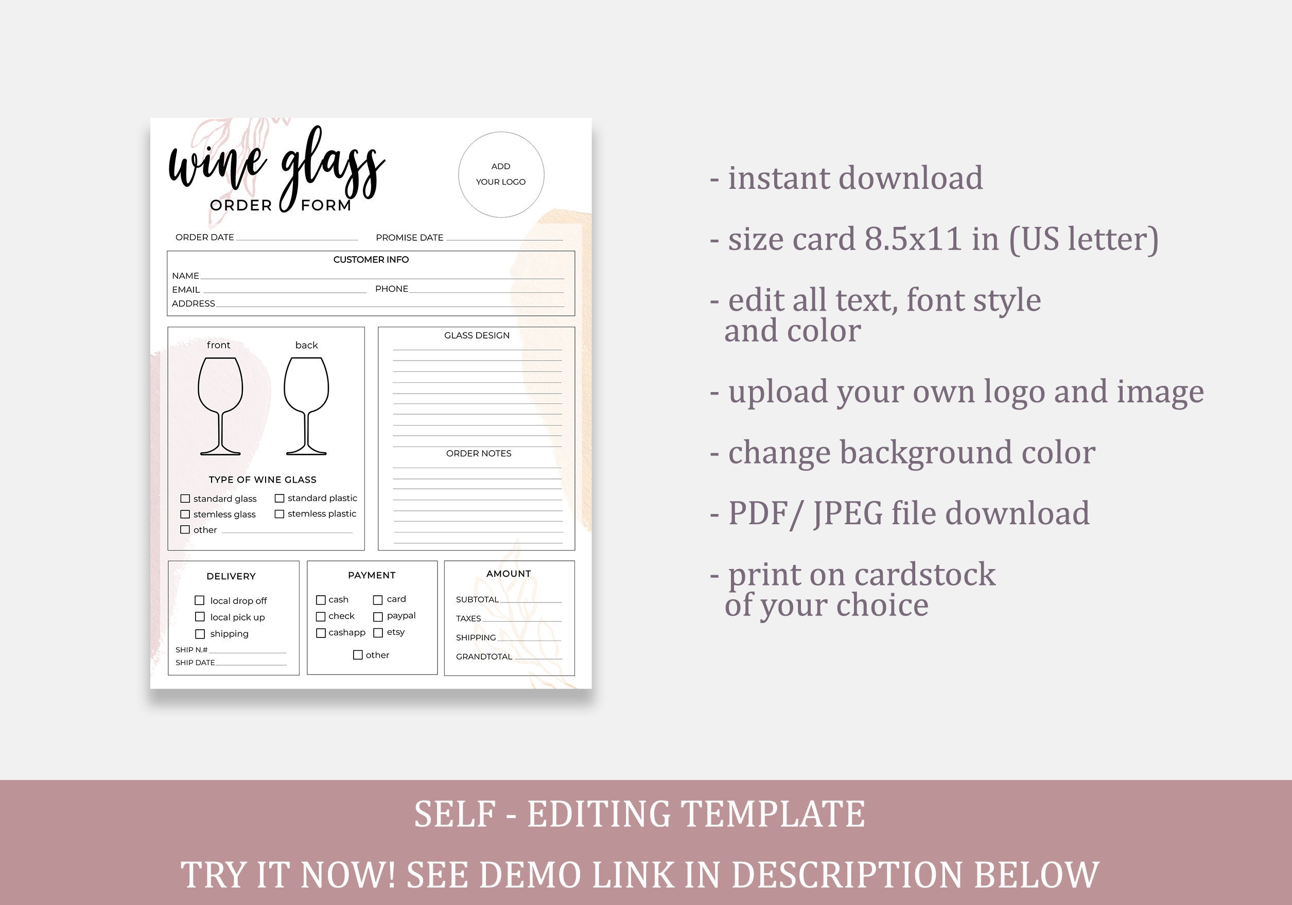 Wine Glass Order Form Editable Small Business Forms Craft | Etsy