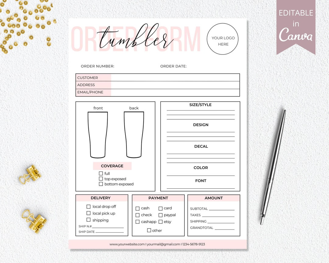 Editable Tumbler Order Form Template, Custom Tumbler Form, Printable Canva Template, Editable ...