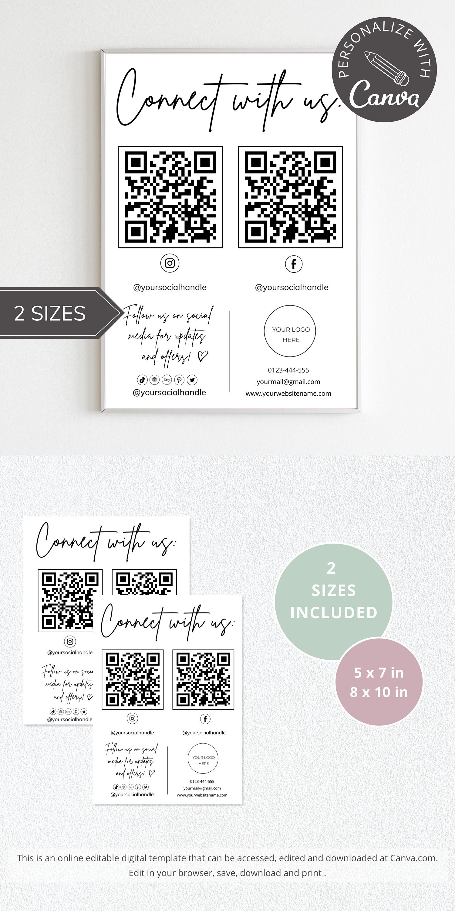 Connect With Us Card I Editable Canva Template, QR Code Sign Template ...