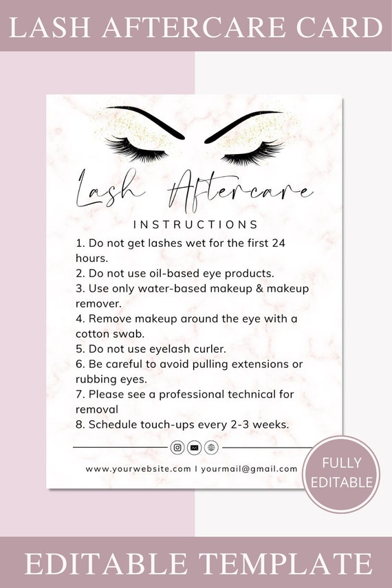 Paper & Party Supplies Editable Lash Aftercare Instructions Corjl Card ...