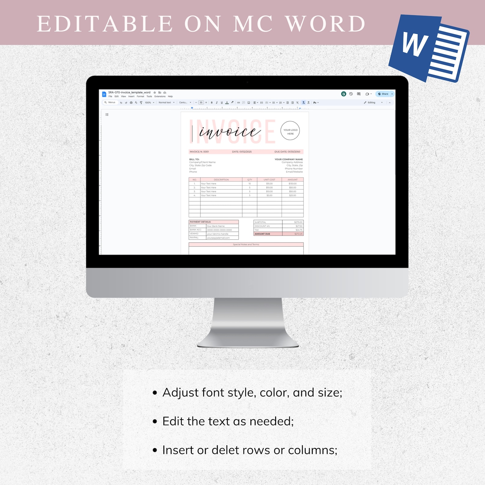 Editable Invoice Template for Google Docs, MC Word Invoice Template for ...