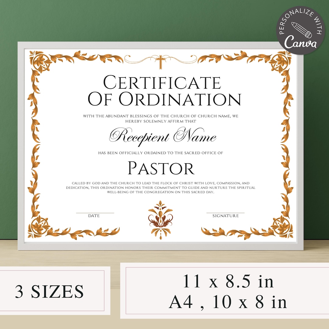 Pastor Ordination Certificate Template, Editable Canva Template for ...