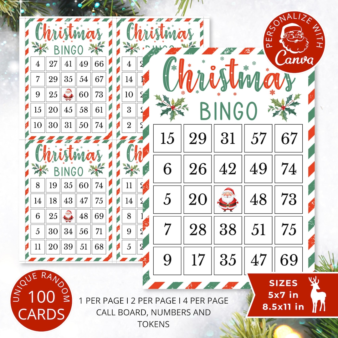 100 cartelas de bingo de Natal com números | Jogos de festa editáveis ...