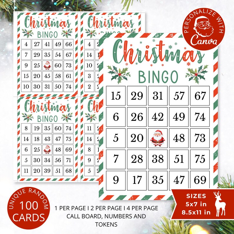 100 Christmas Bingo Cards With Numbers | Editable Canva Party Games ...