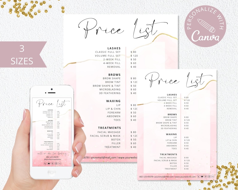 Pink Price List Template Editable Canva Template Diy Salon - Etsy