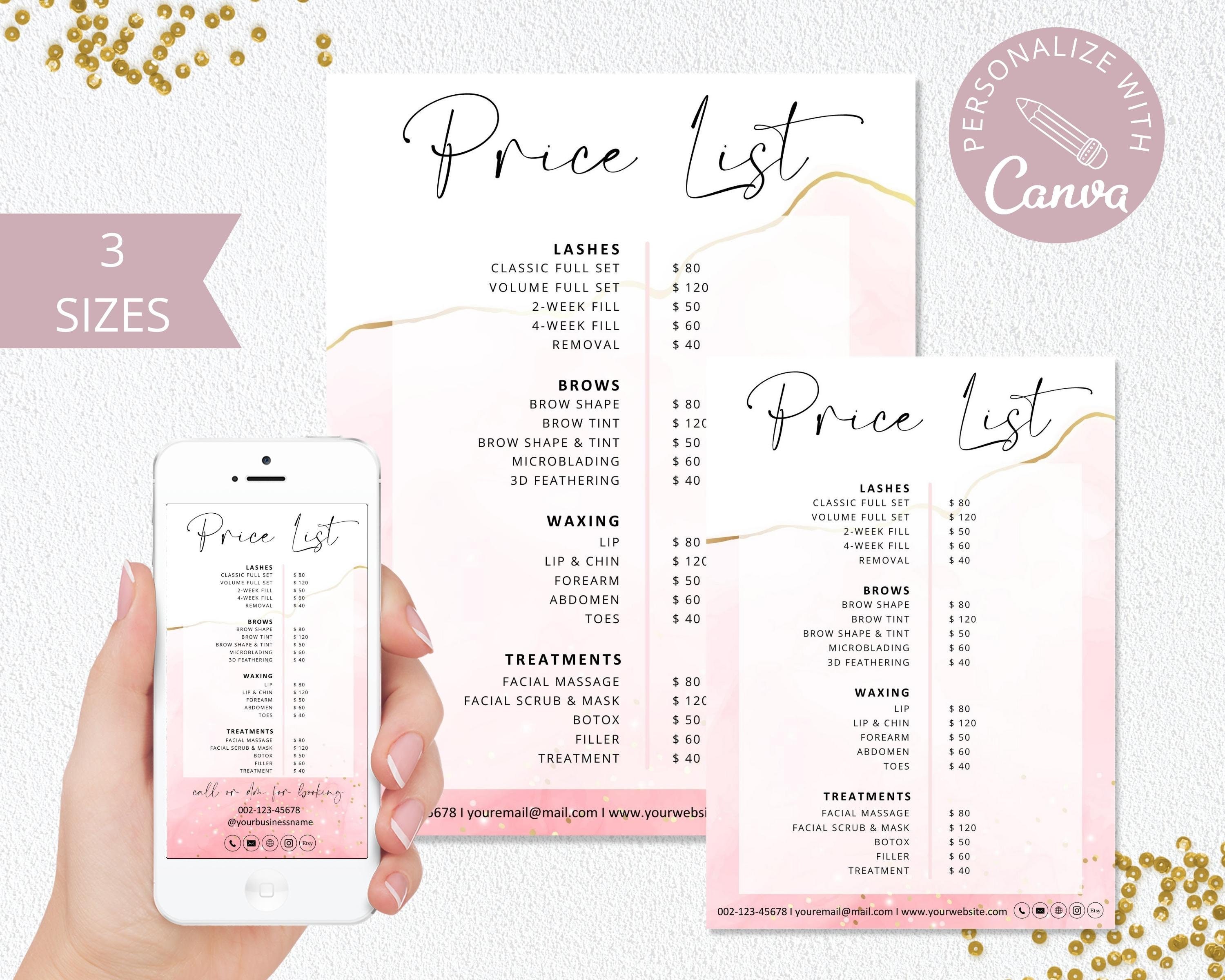 Pink Price List Template Editable Canva Template Diy Salon - Etsy