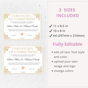 Certificate of Commitment Template I Canva Template, Editable Wedding ...