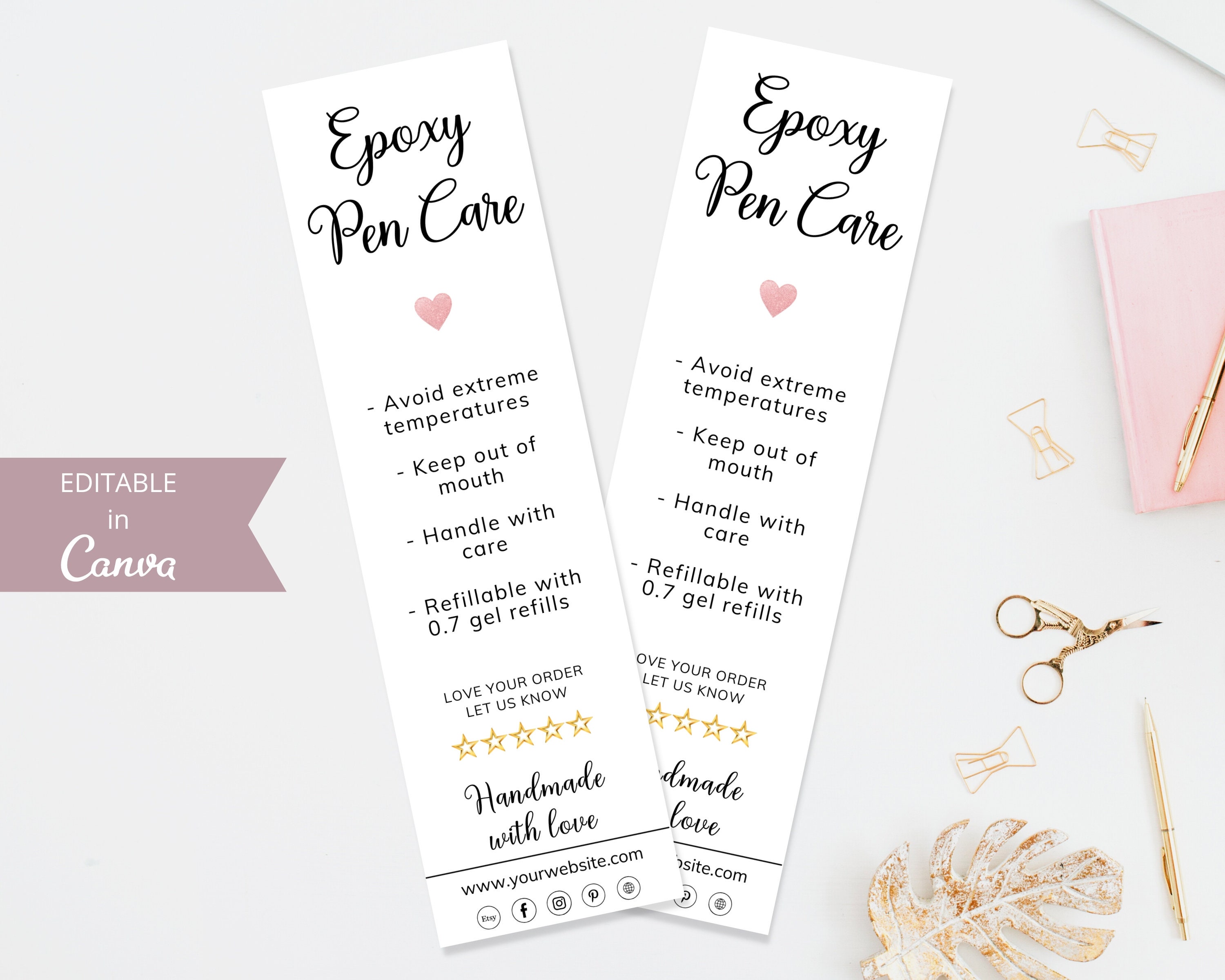 Epoxy Pen Care Card, Editable Canva Template, Printable Pens Care ...