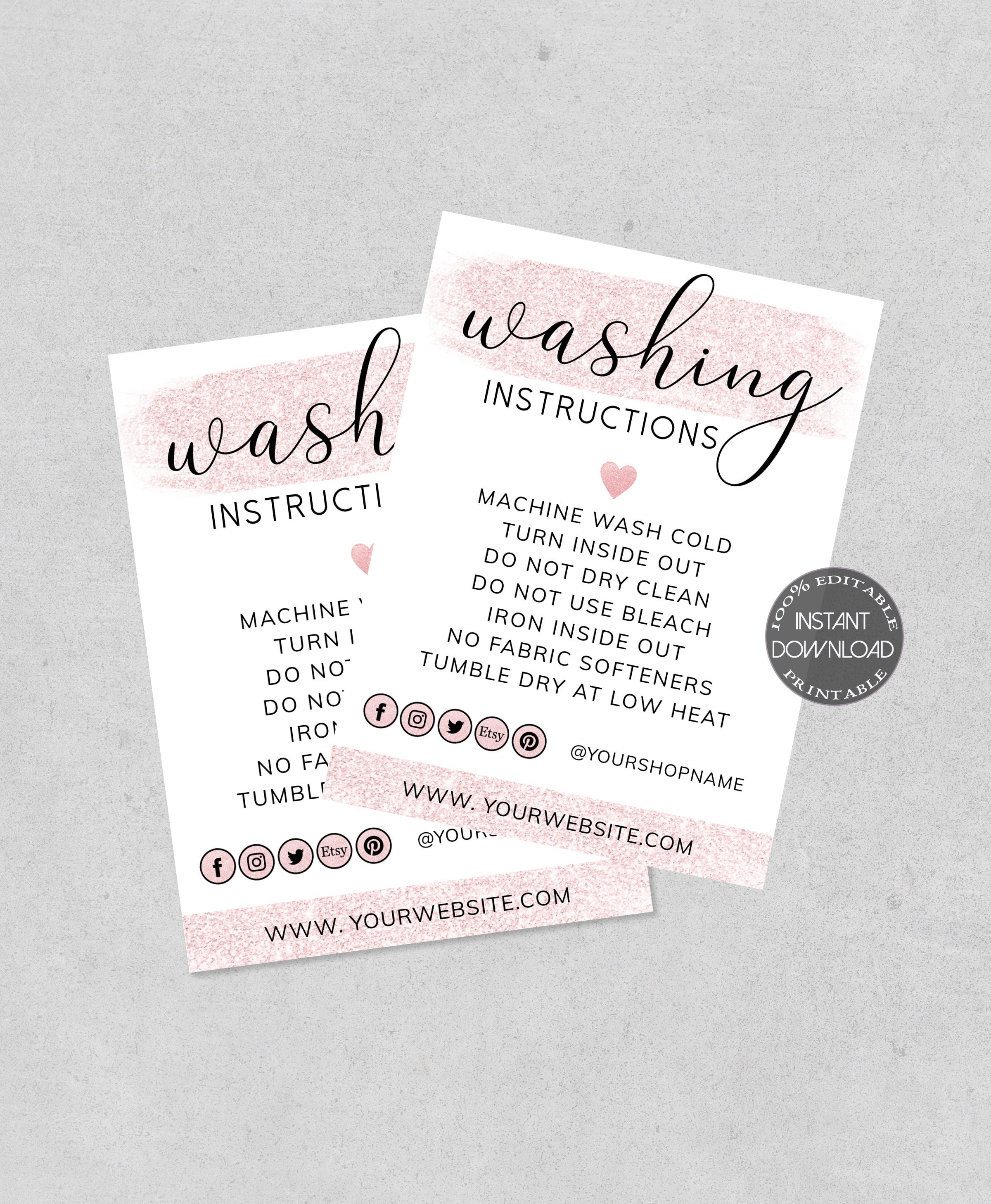 Washing Instructions Card Editable Washing Care Cards | Etsy