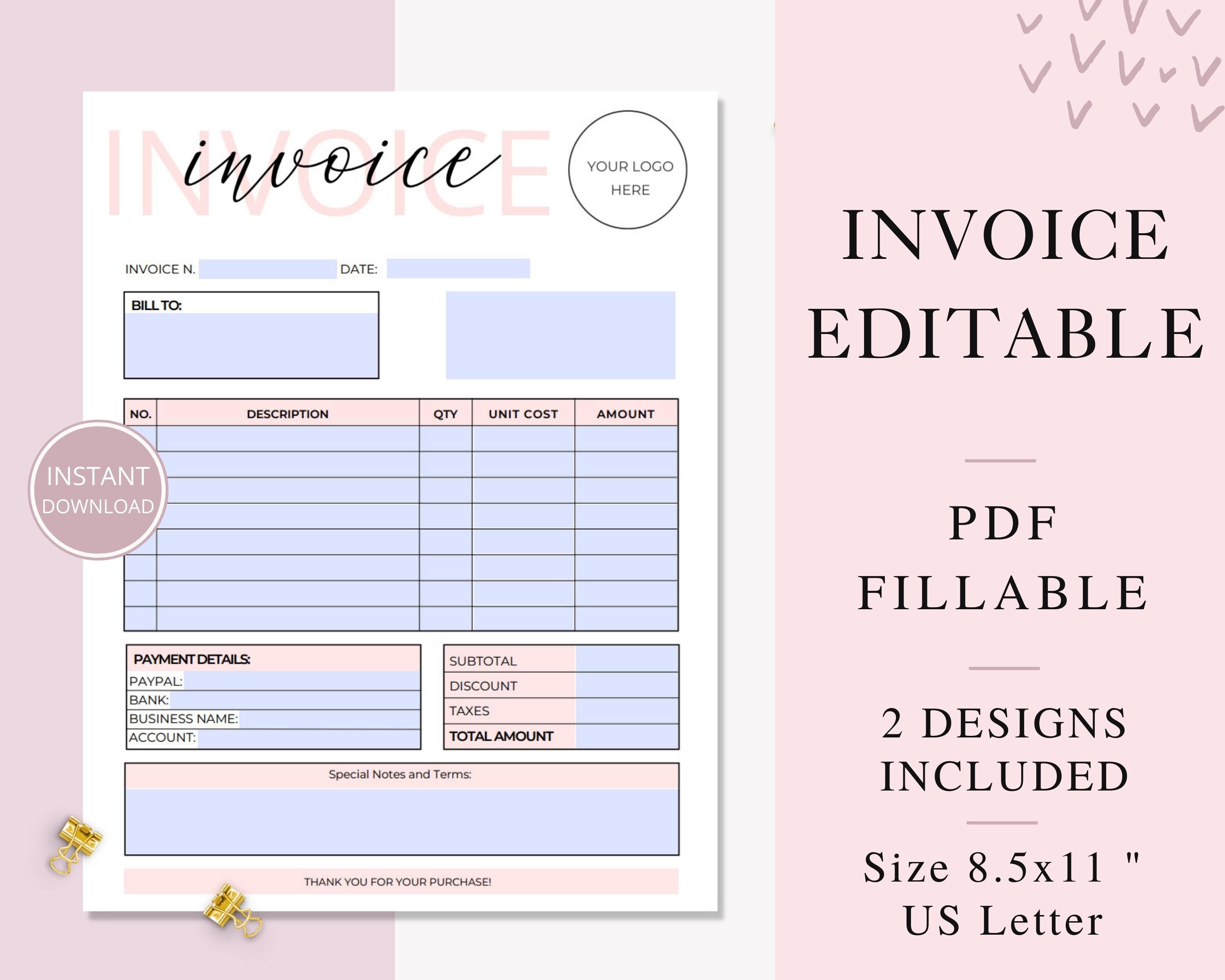 Pink Fillable Invoice Form Small Business Invoice PDF - Etsy