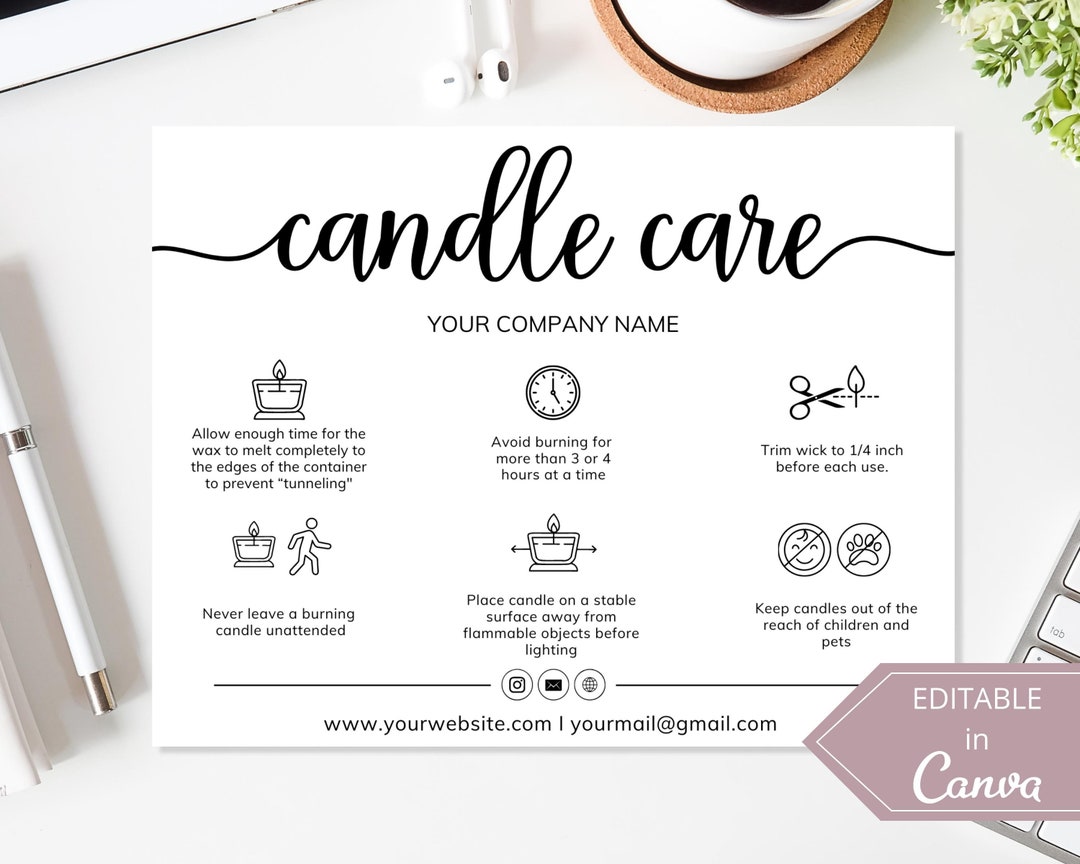 Candle Care Card Template, Canva Editable Candle Instructions Cards ...