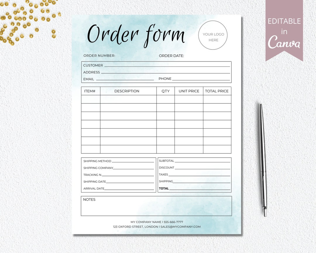 Order Form Template Editable, Custom Order Form Printable, Small ...