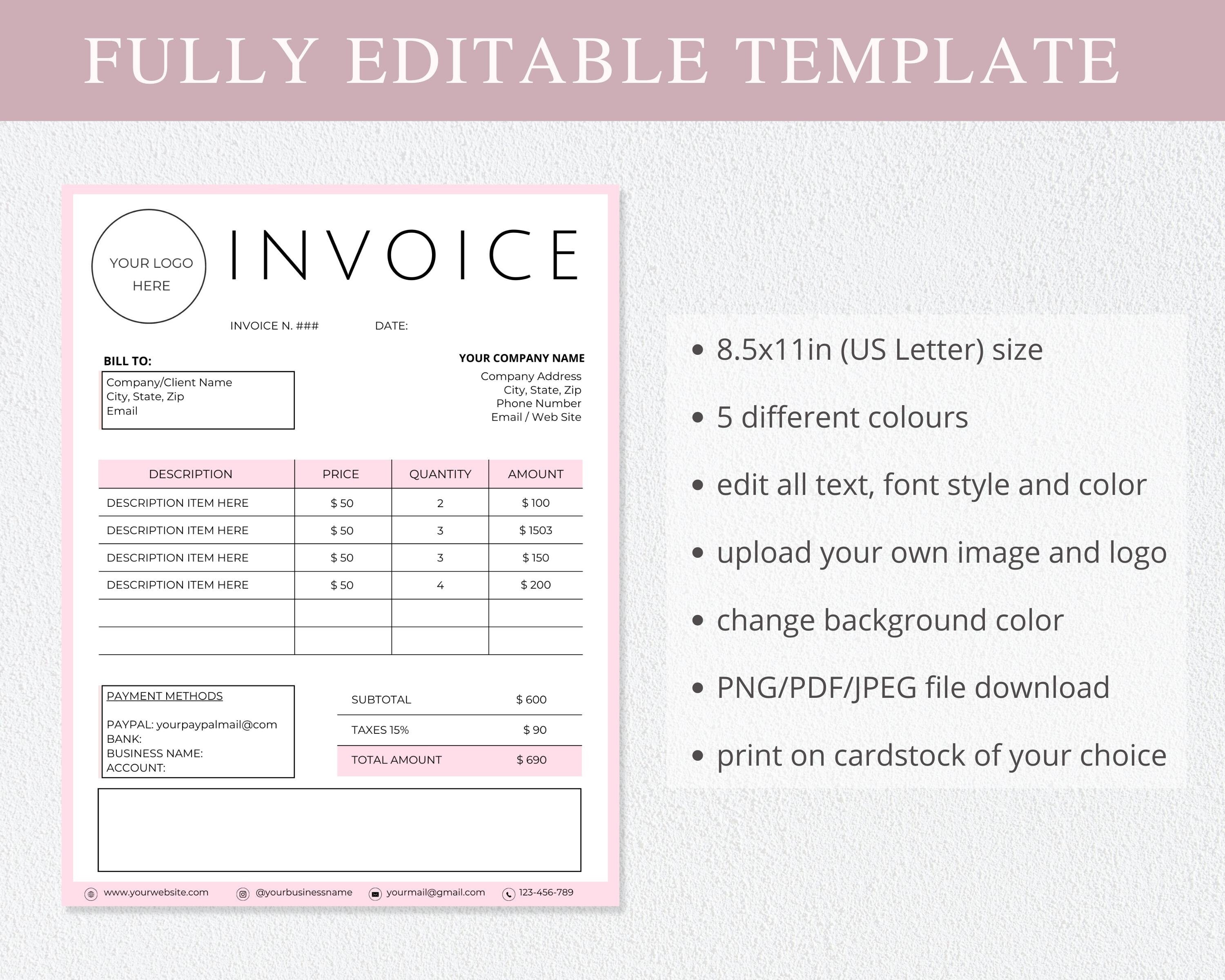 Invoice Editable Template, Printable Order Form Invoice, 5 Premade ...