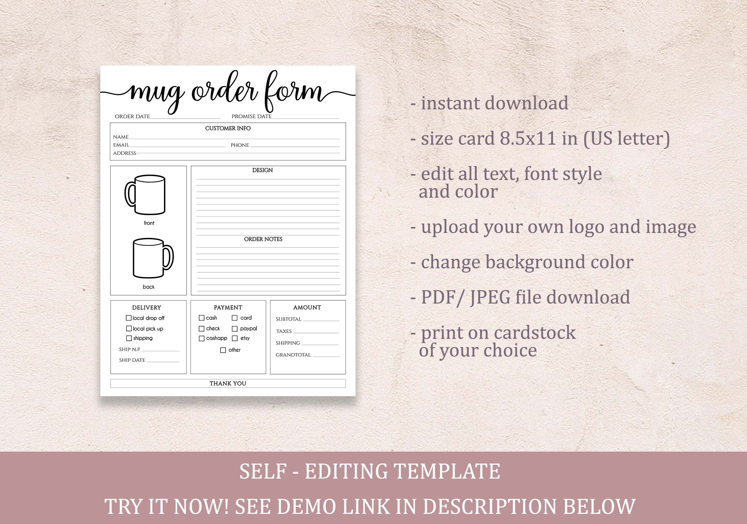 Mug Order Form Printable Editable Etsy Shop Coffee Cup Order - Etsy