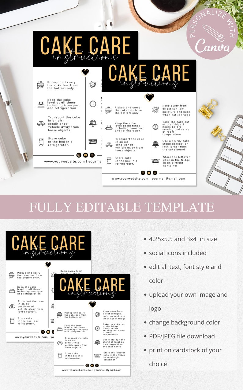 Cake Care Card I Editable Canva Template I Wedding Cake Care | Etsy