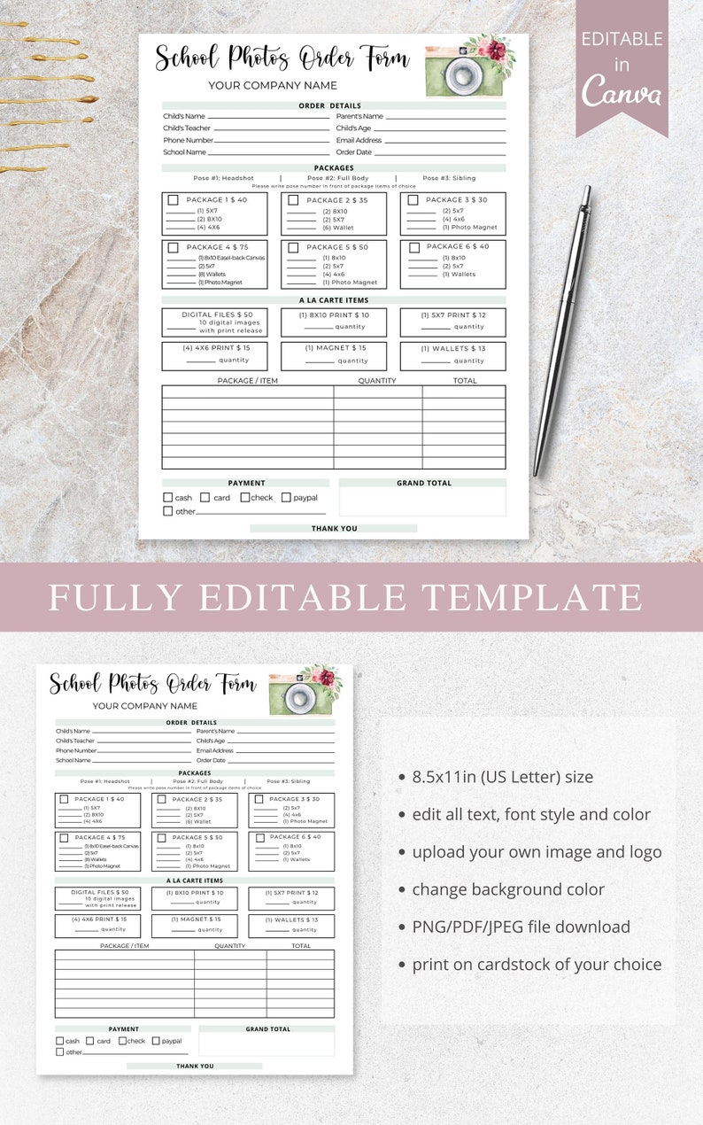 School Photography Preschool Photos Order Form Printable - Etsy